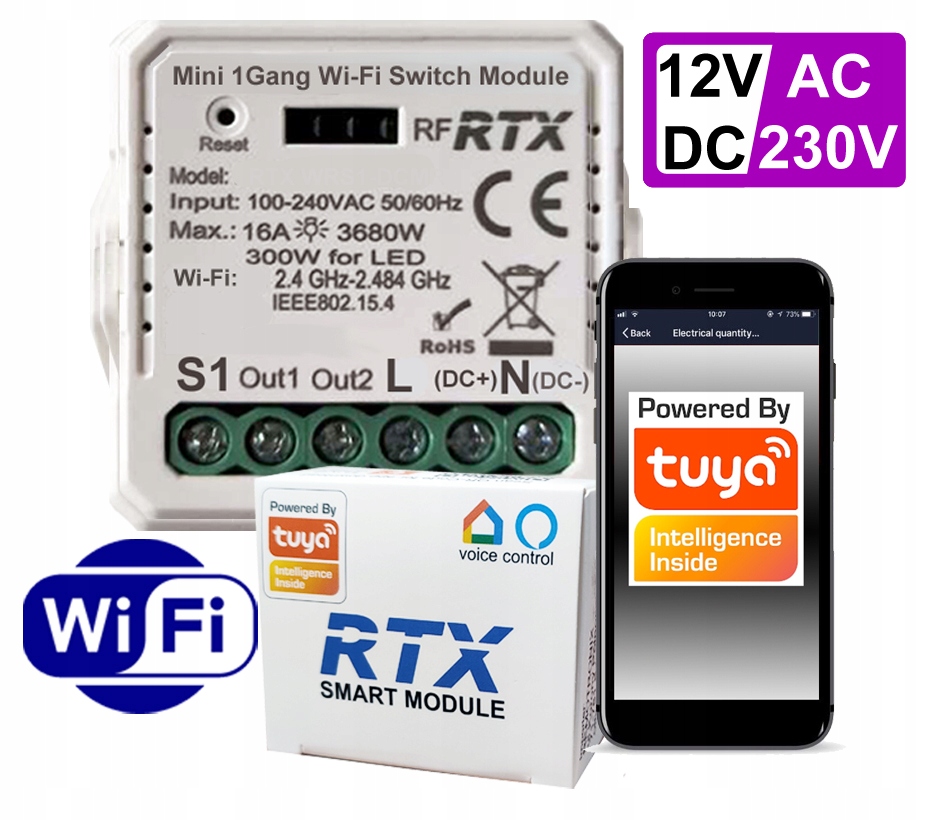 Sterownik Przekażnik BEZNAPIĘCIOWY WiFi TUYA +RF zasilanie 12V / 230V - RTX24